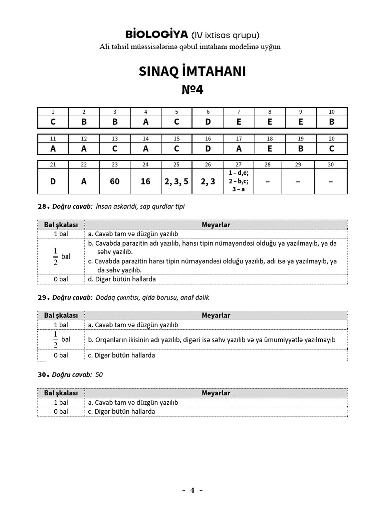 Biologiya Qrup 4 AZ Sinaq 4-1 | PDF