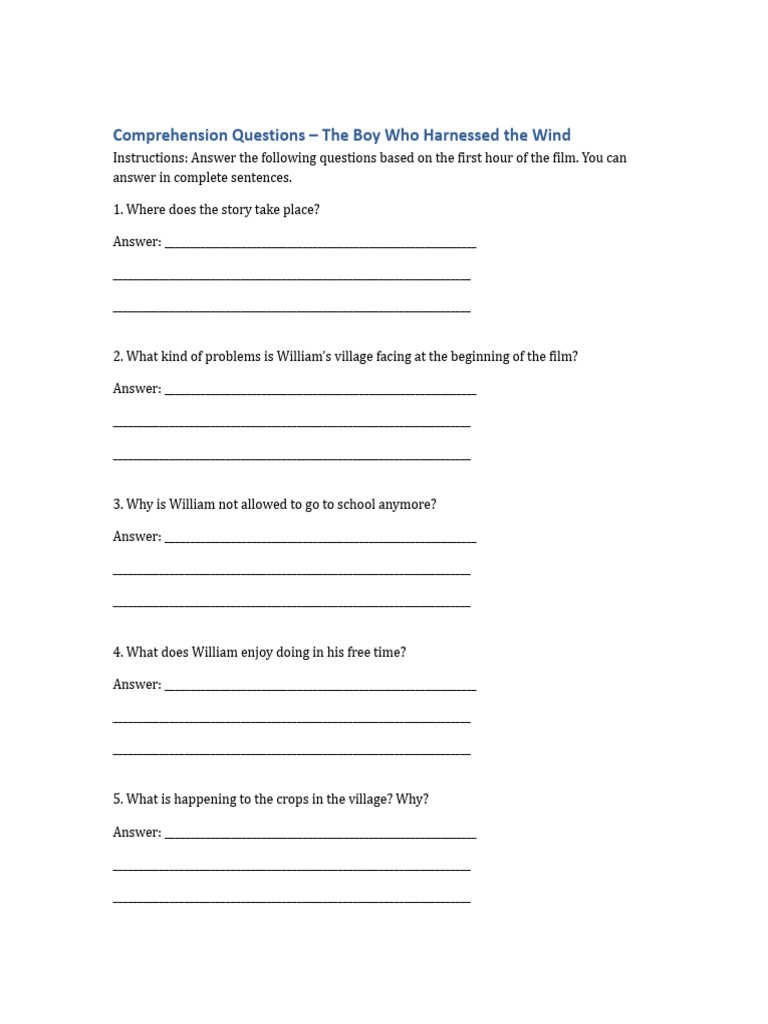 The Boy Who Harnessed the Wind Comprehension Questions.docx | PDF