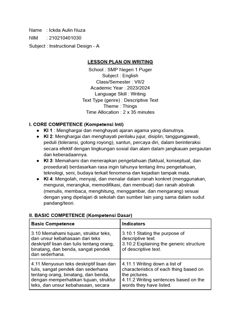 [UTS ID] Lesson Plan Writing_Ickda Aulin Nuza | PDF | Adjective | Guitars