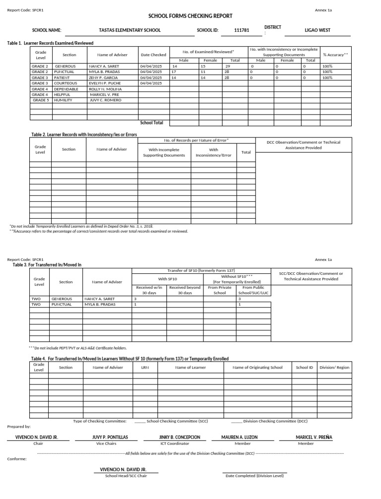 School Forms Checking Report | PDF