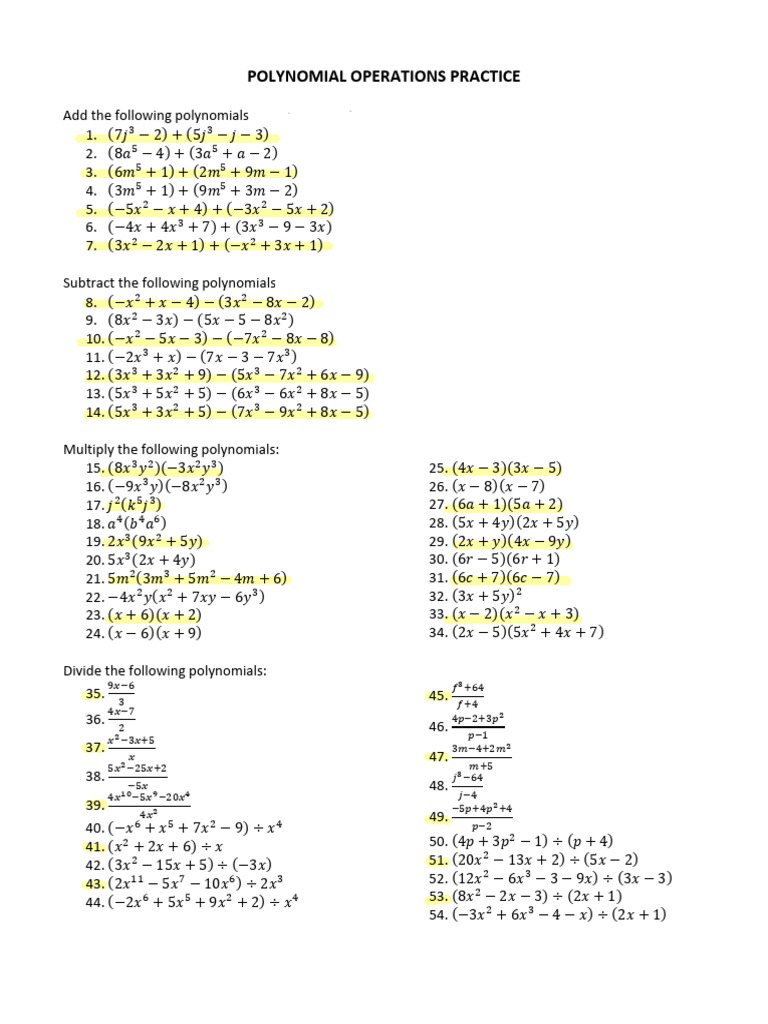 Polynomial Operations Practice Worksheet | PDF | Applied Mathematics ...