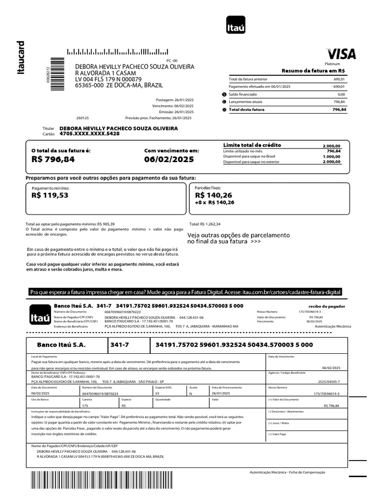 DEBORA Hevilly Itau Carto Esfatura 202502 | PDF | Juros | Brasil