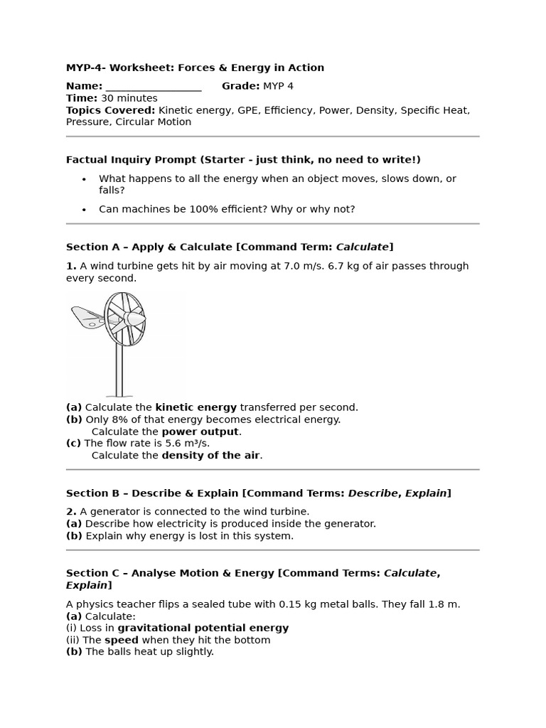 Forces and Motion MYP Worksheet | PDF | Heat | Force
