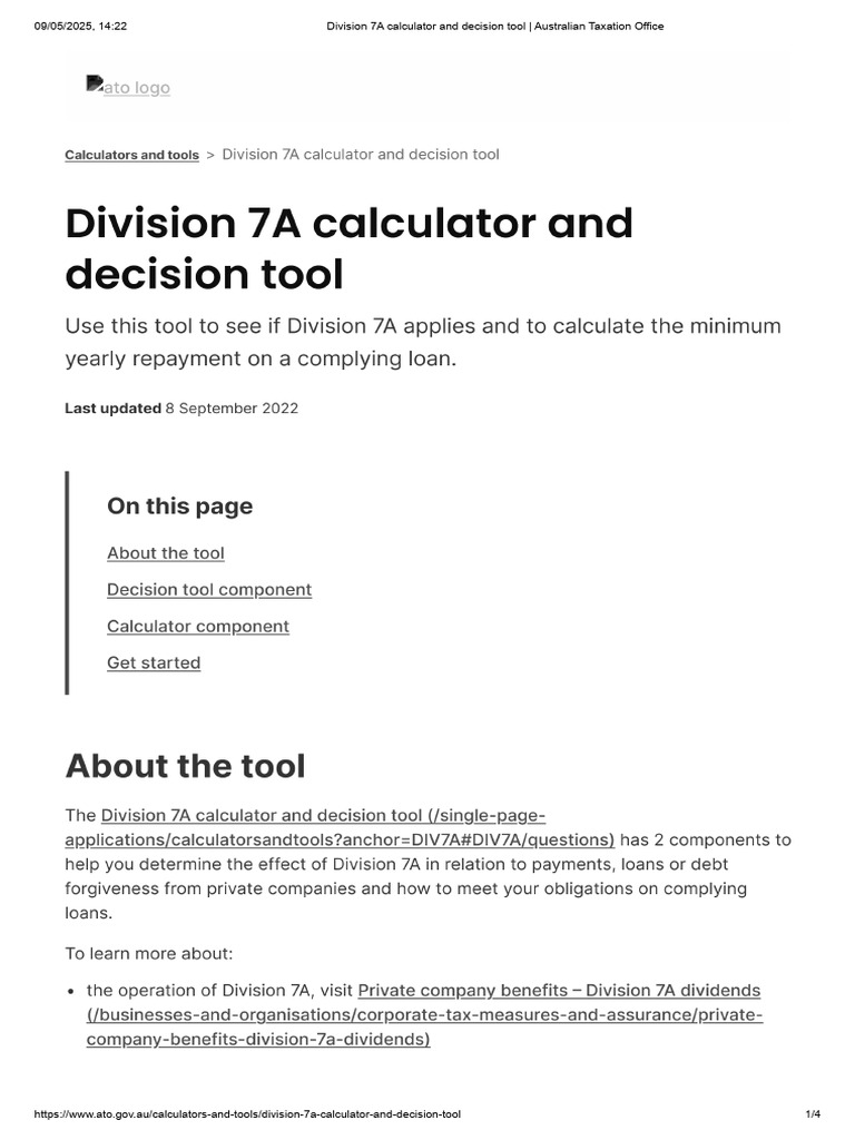 Division 7A Calculator and Decision Tool - Australian Taxation Office | PDF