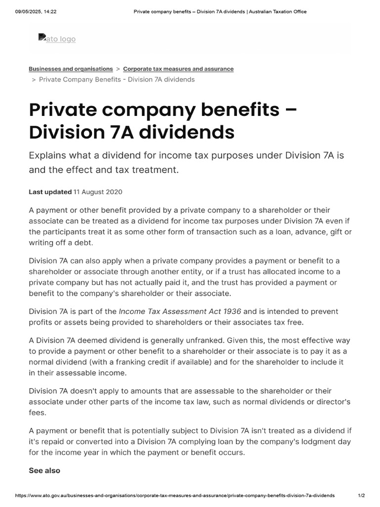 Private Company Benefits - Division 7A Dividends - Australian Taxation ...