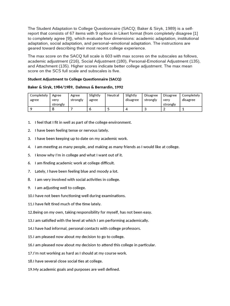 The Student Adaptation To College Questionnaire | PDF | Likert Scale ...