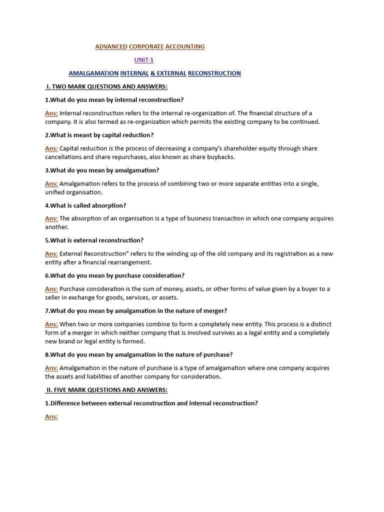 Advanced Corporate Accounting Unit-1 Q&A | PDF | Consolidation ...