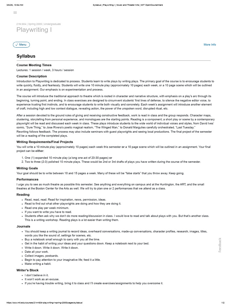 Syllabus - Playwriting I - Music and Theater Arts - MIT | PDF ...