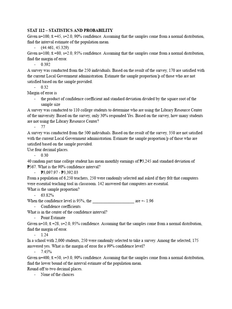 Stat 112 - Statistics and Probabilityweek11-15 | PDF | Confidence Interval | Sampling (Statistics)