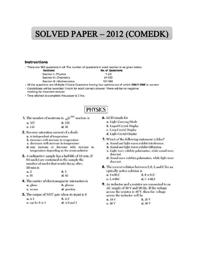 COMEDK 2012 Question Paper With Solution 2 29 1 | PDF
