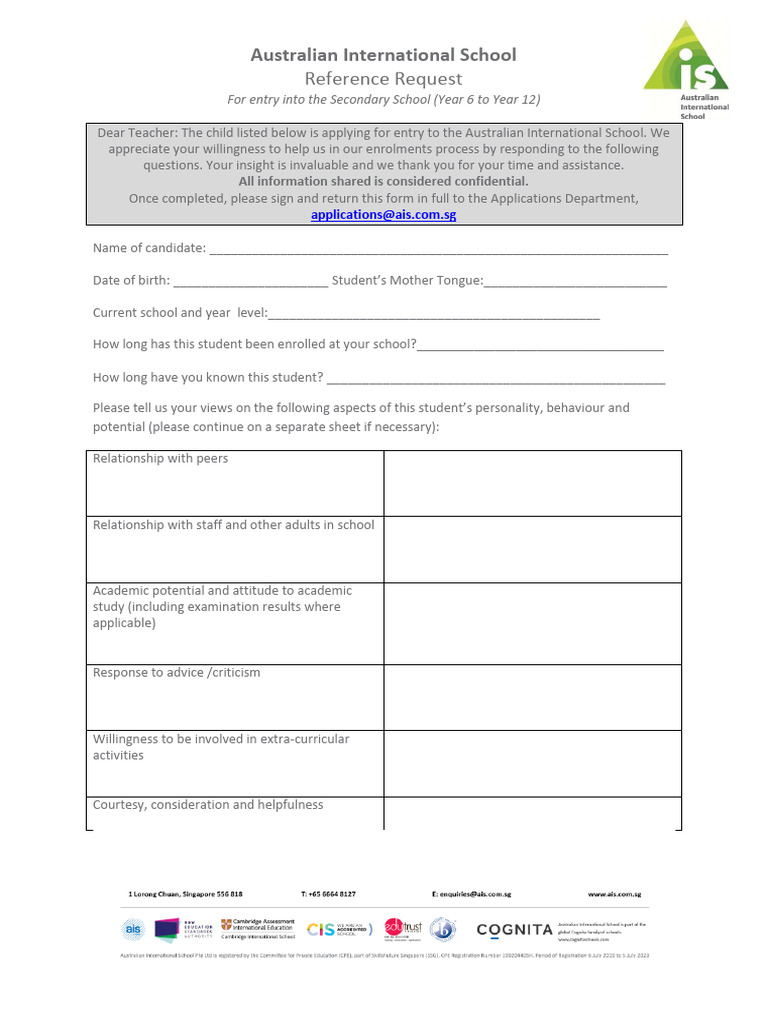 AIS Reference Request Form Secondary Revised 3 June | PDF