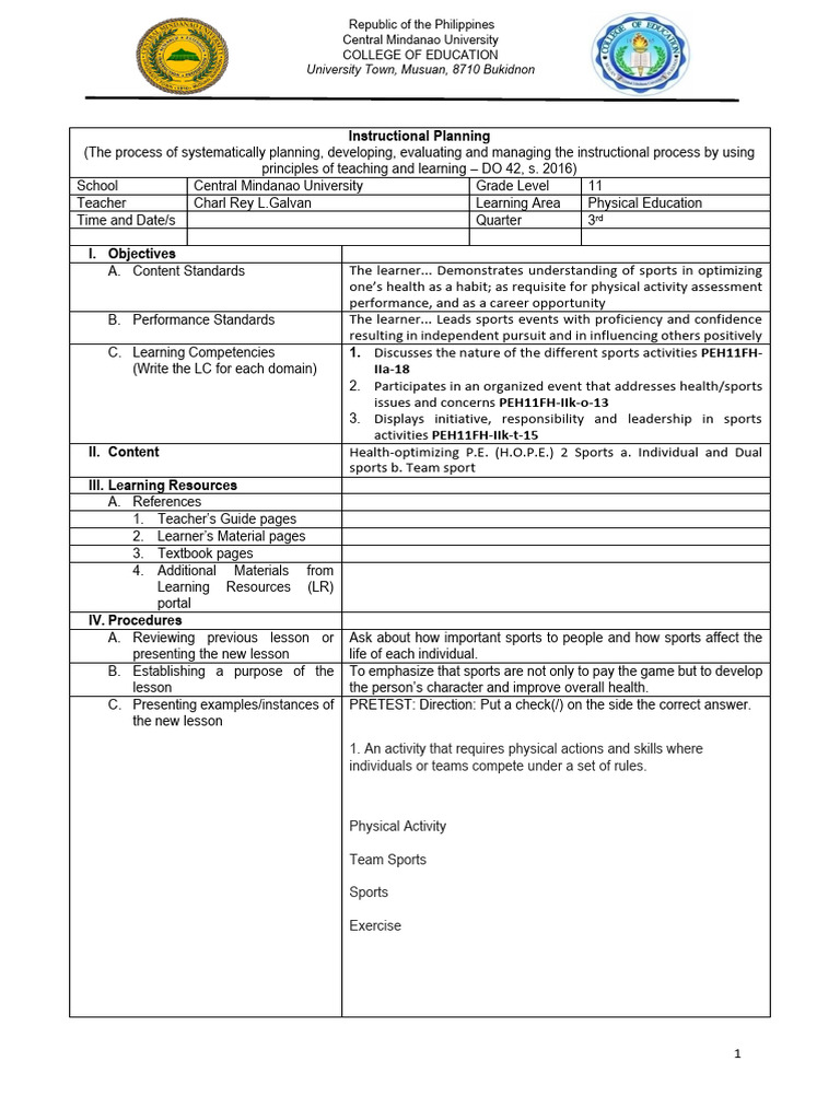 G11 Lesson Plan Template DepEd | PDF | Physical Fitness | Sports