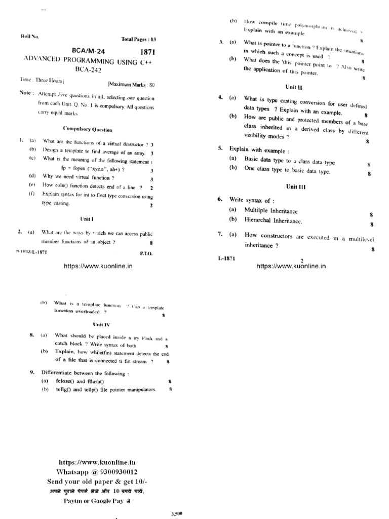 Bca 2 Sem Advanced Programming Using CPP 1871 May 2024 | PDF