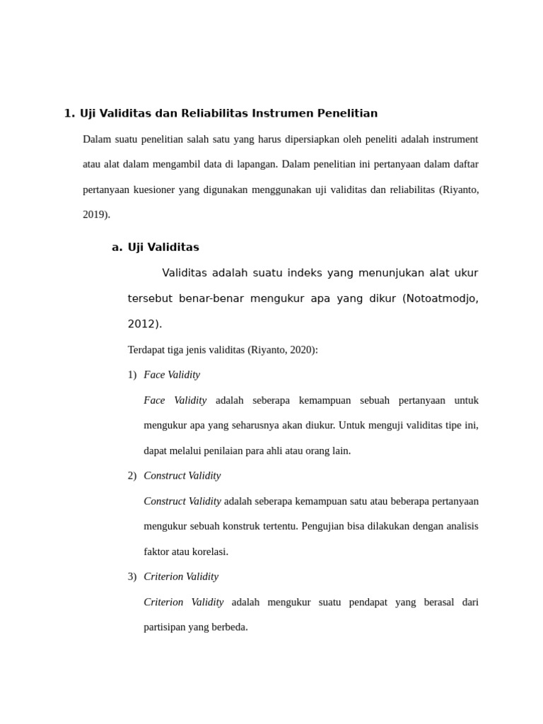 Contoh Uji Validitas Dan Reliabilitas Instrumen Penelitian | PDF