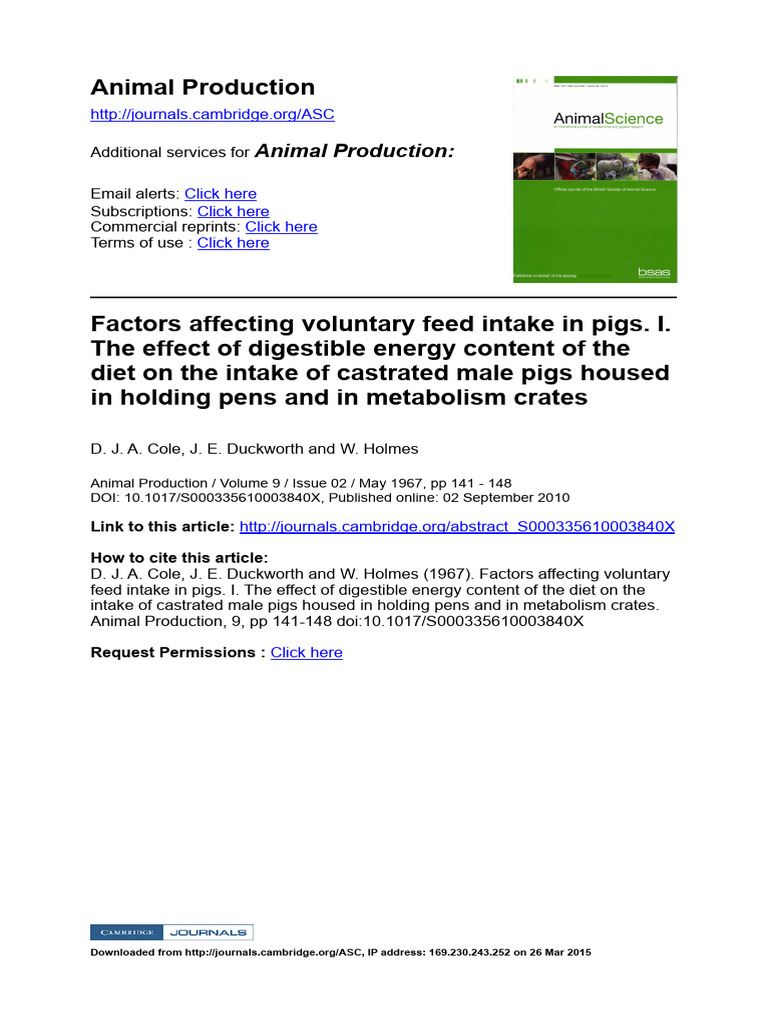 Factors Affecting Food Intake in Pig ED Content Cole1967 | PDF ...