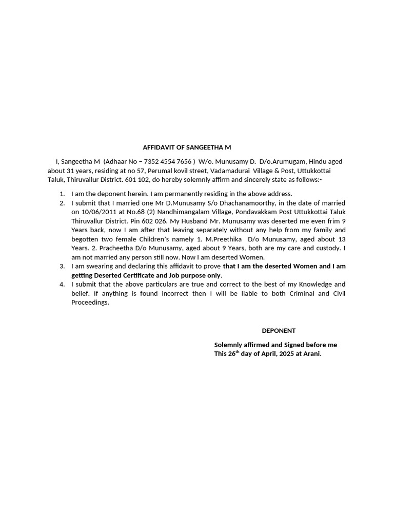 Affidavit of Sangeetha M 2 | PDF