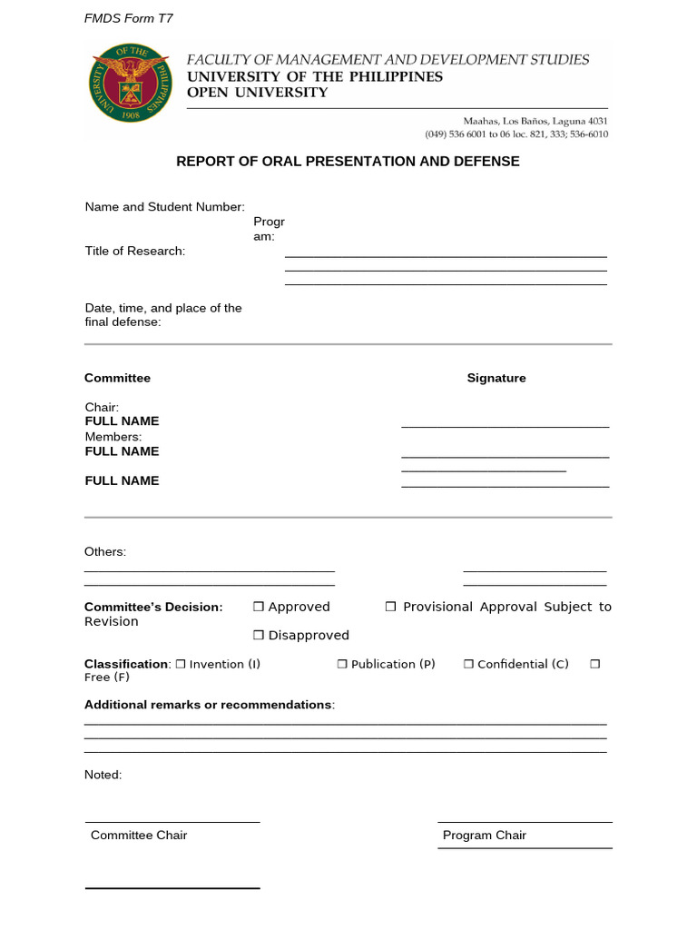(Template) Form T7 Oral Presentation and Defense Form | PDF