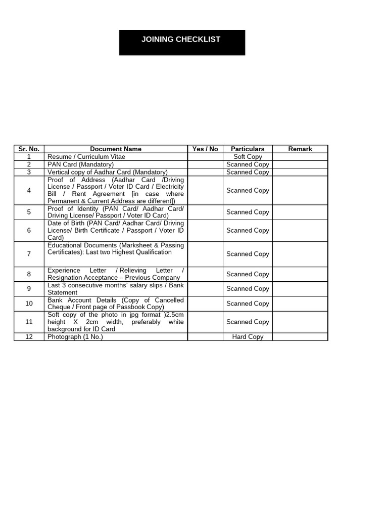 Joining Checklist For Employees | PDF