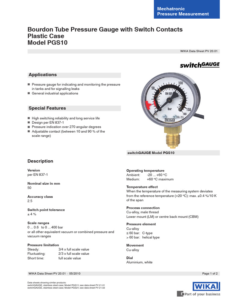 Wika Gauge With Switch (NO & NC) | PDF | Pressure Measurement ...