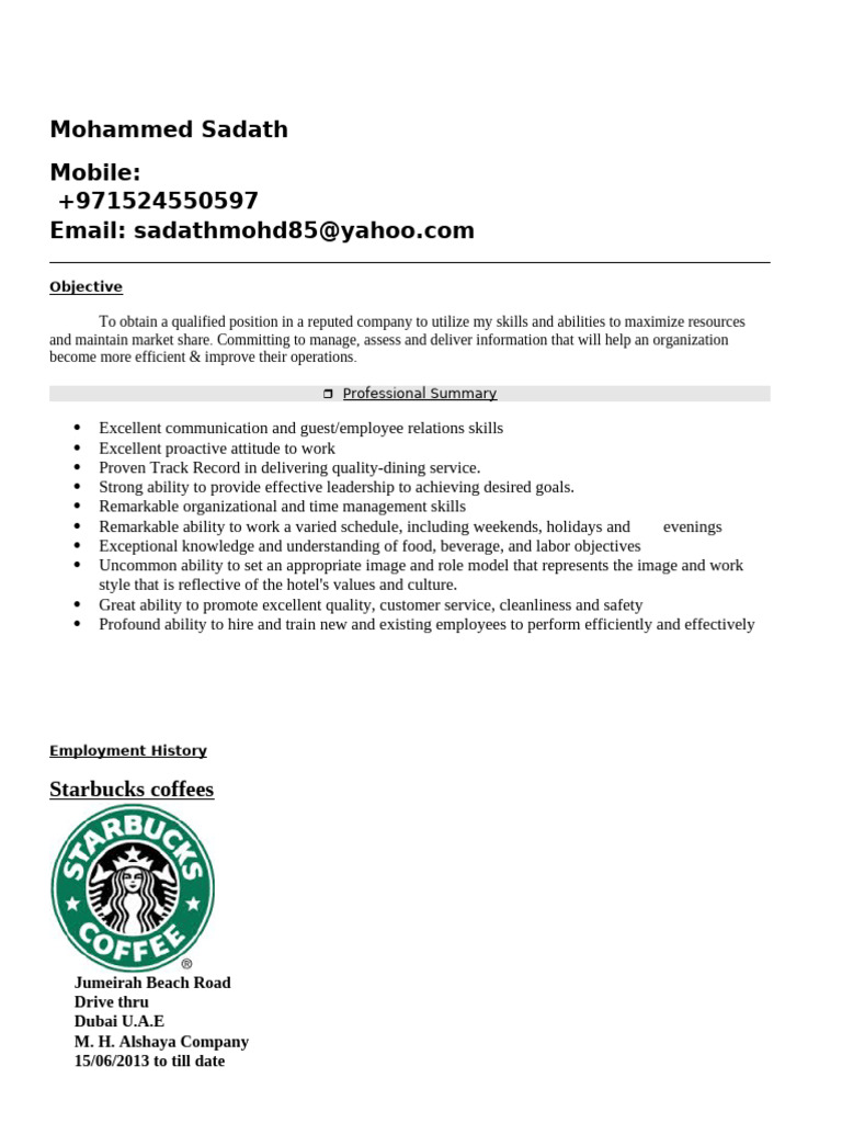 Sadath Curriculum Vitae - 2016 | PDF | Employment | Starbucks