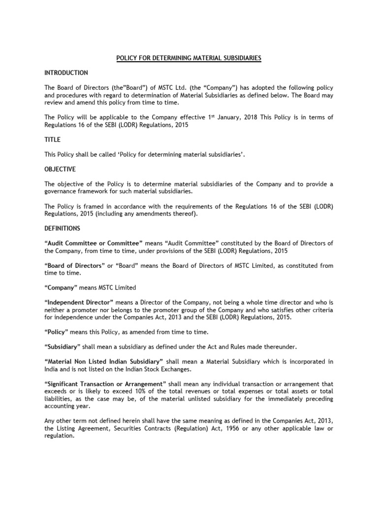 Material Subsidiary Policy Overview | PDF | Balance Sheet | Business ...