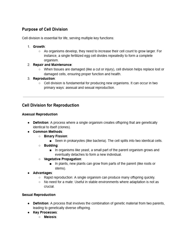 Purpose of Cell Division | PDF | Sexual Reproduction | Cell Growth