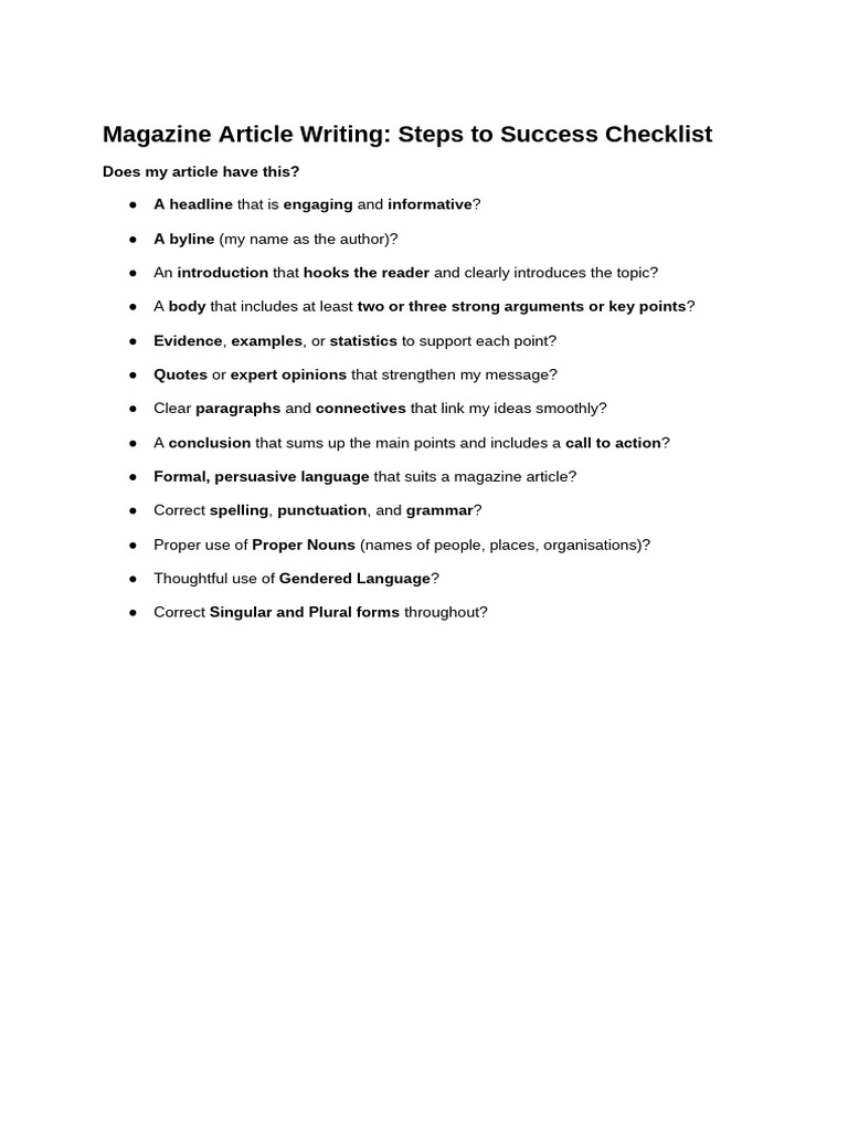 Magazine Article Writing_ Steps to Success Checklist | PDF