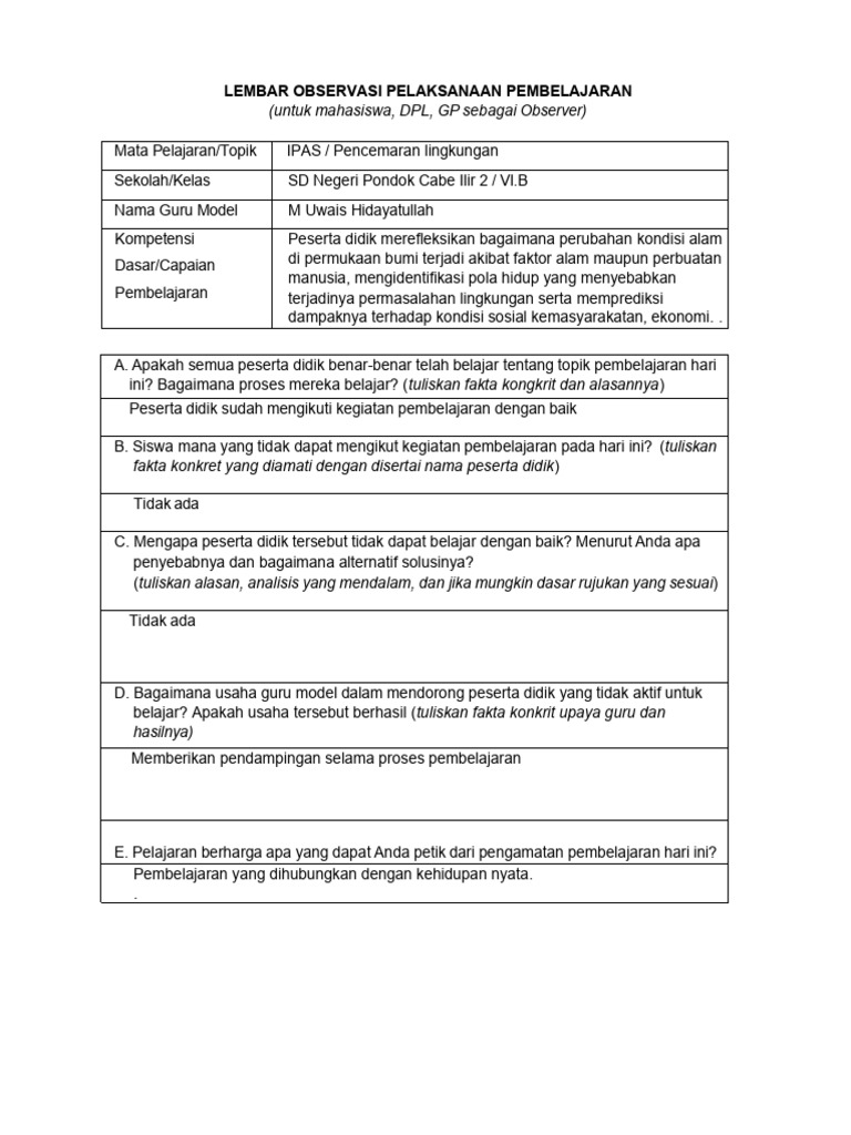 LK 4 - Siklus 3 - Format Lembar Observasi Pelaksanaan Pembelajaran Untuk Observer - M Uwais | PDF