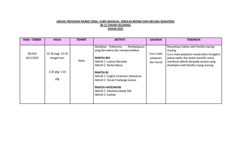 JADUAL PROGRAM MURID CERIA SELASA 18 2 2025 Selepas Rehat | PDF