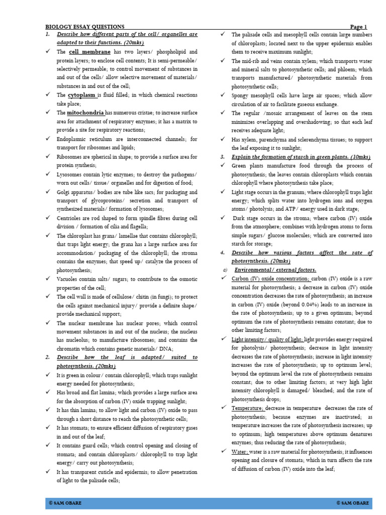 Biology Essay Questions and Answers | PDF | Digestion | Atrium (Heart)