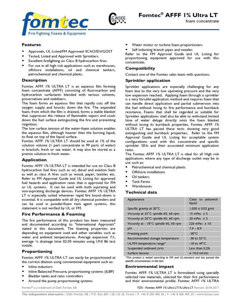 TDS - Fomtec AFFF 1% Ultra LT | PDF