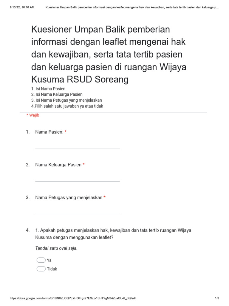 Kuesioner Umpan Balik Pemberian Informasi Dengan Leaflet Mengenai Hak Dan Kewajiban, Serta Tata ...