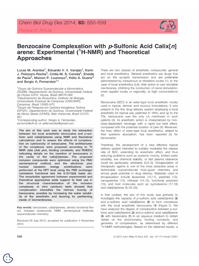 Benzocaine Complexation With P Sulfonic Acid Calix (N) Arene ...
