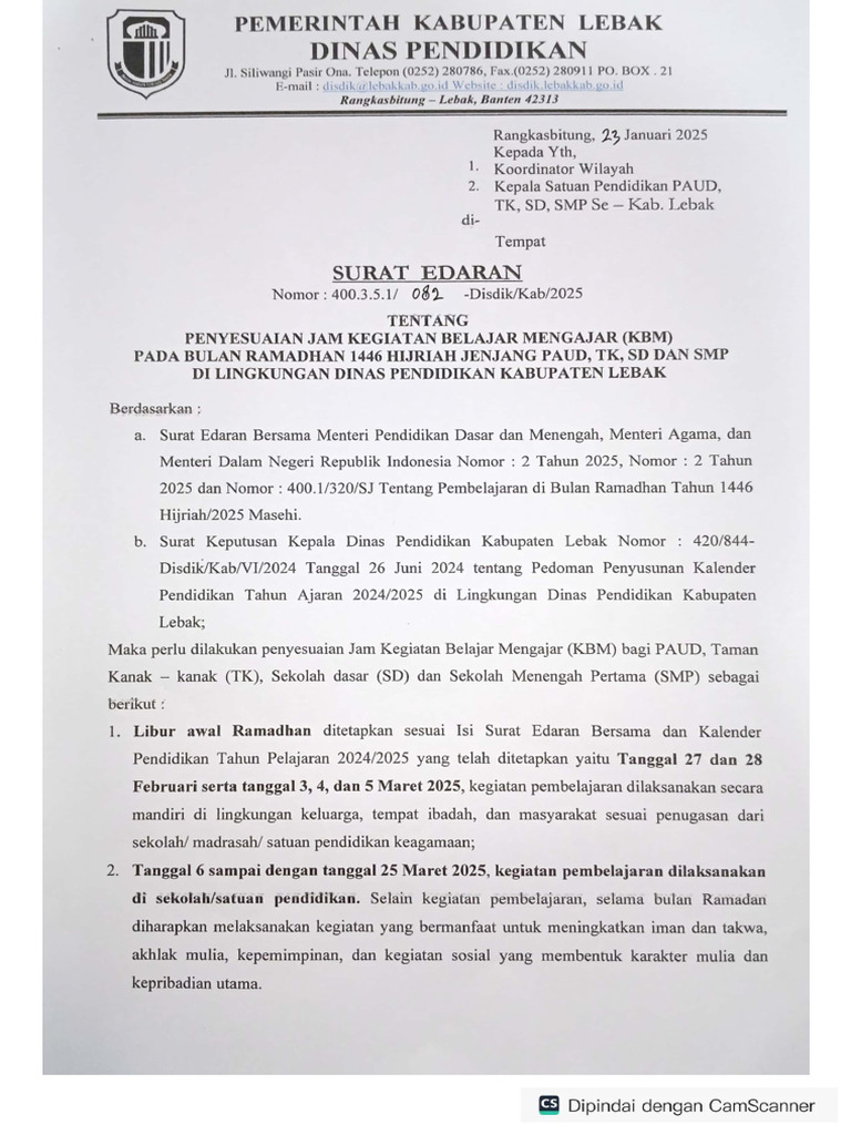 Surat Edaran Penyesuaian Jam KBM Pada Bulan Ramadhan Tahun 2025 | PDF