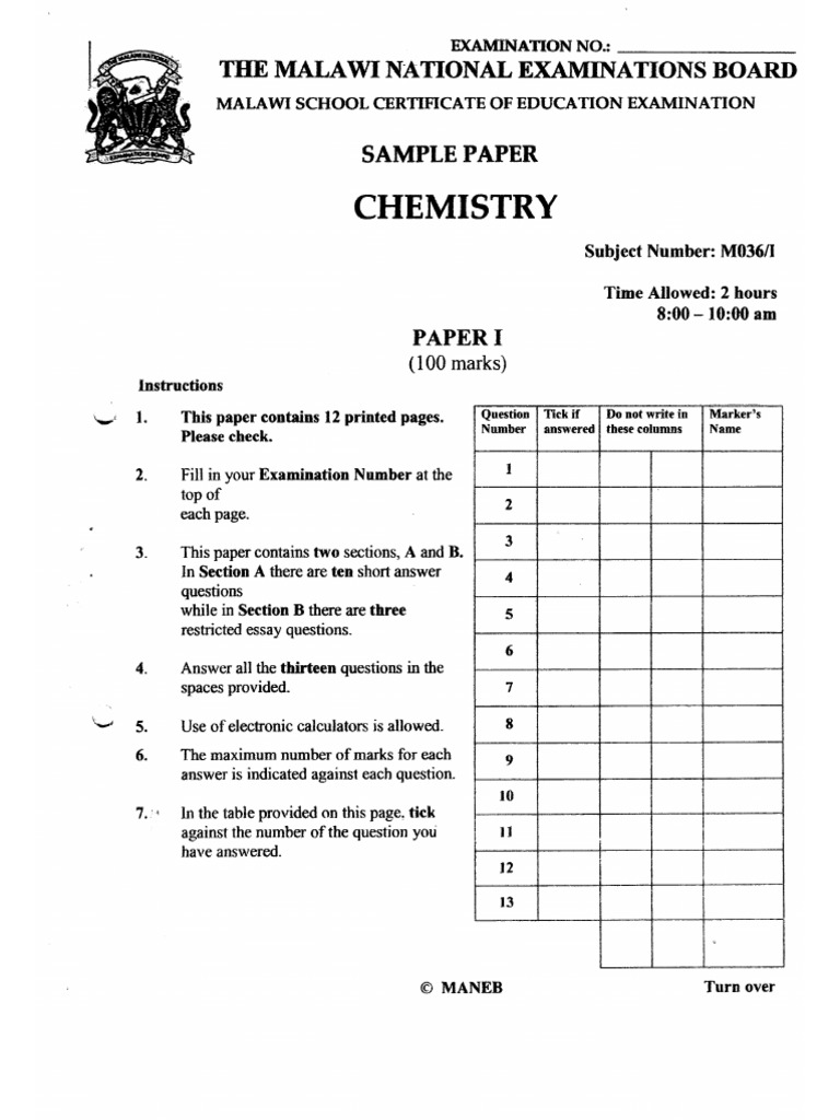 Msce Chemistry Sample Paper I | PDF