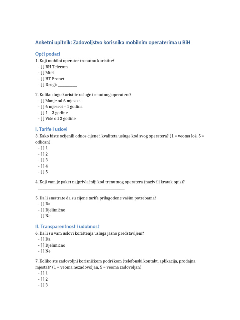 Anketni Upitnik Mobilni Operateri BiH | PDF