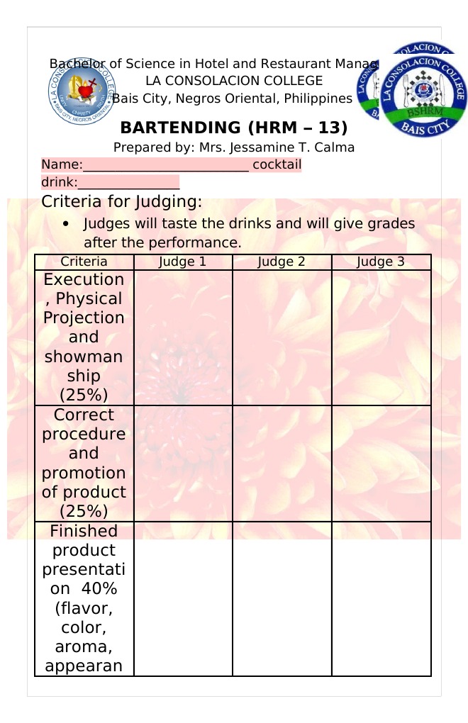 Cocktail Competition Judging Criteria | PDF | Hospitality Industry | Drink
