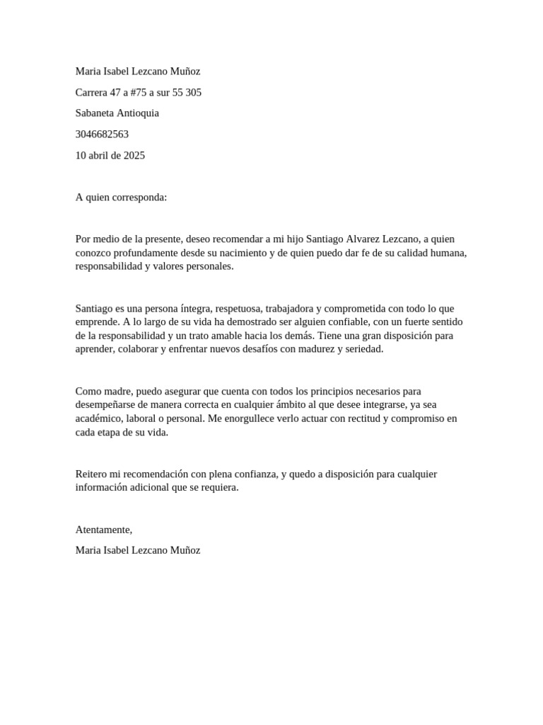 Recomendación para Santiago Alvarez Lezcano | PDF