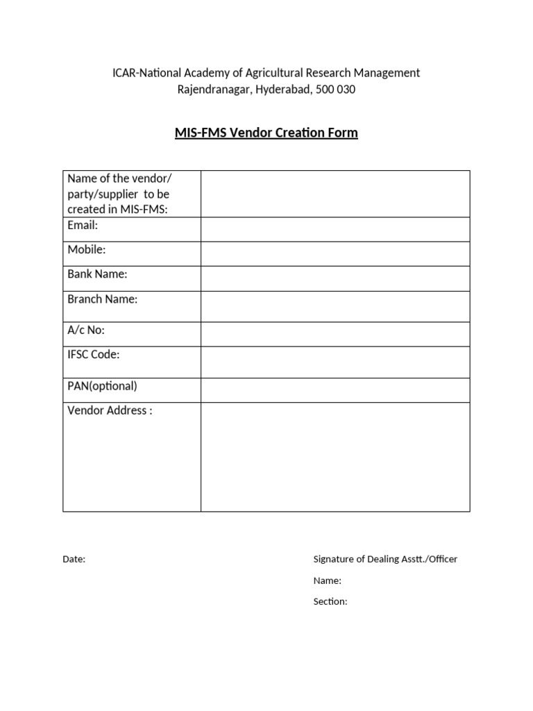Vendor Creation Form | PDF