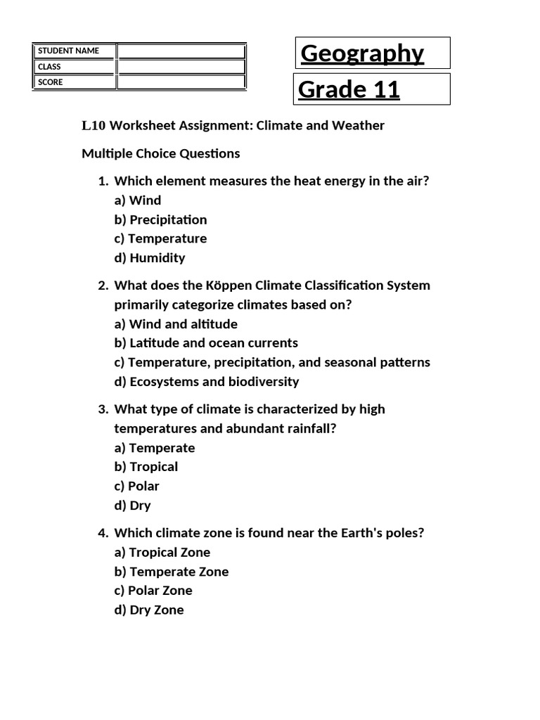 Worksheet Assignment For Lesson 10 | PDF | Climate | Temperate Climate