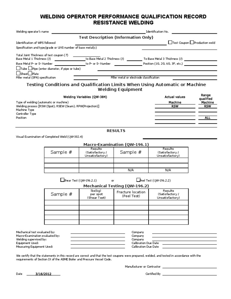 Blank Welding Operator Performance Qualification Record | PDF