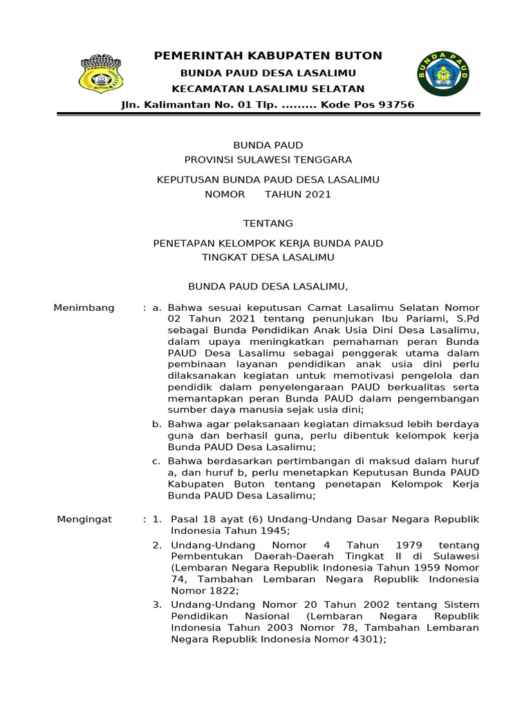 Penetapan Kelompok Kerja Bunda PAUD | PDF