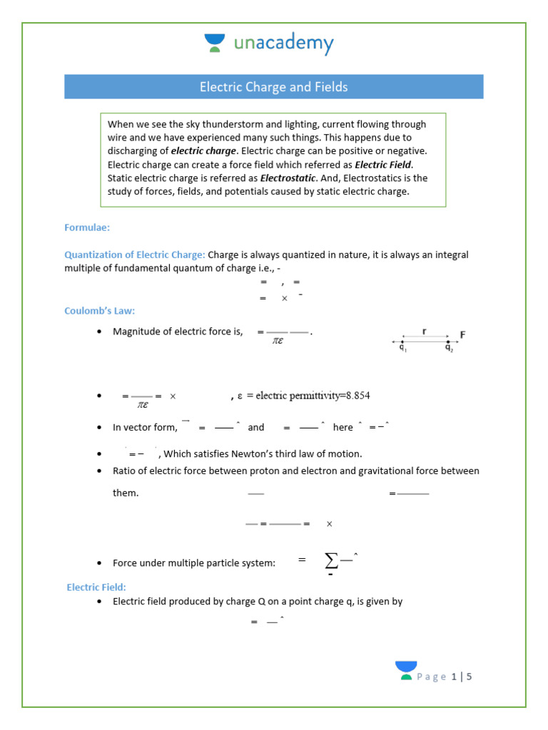 Formula Sheet - Electric Charge and Fields | PDF | Electric Field | Force
