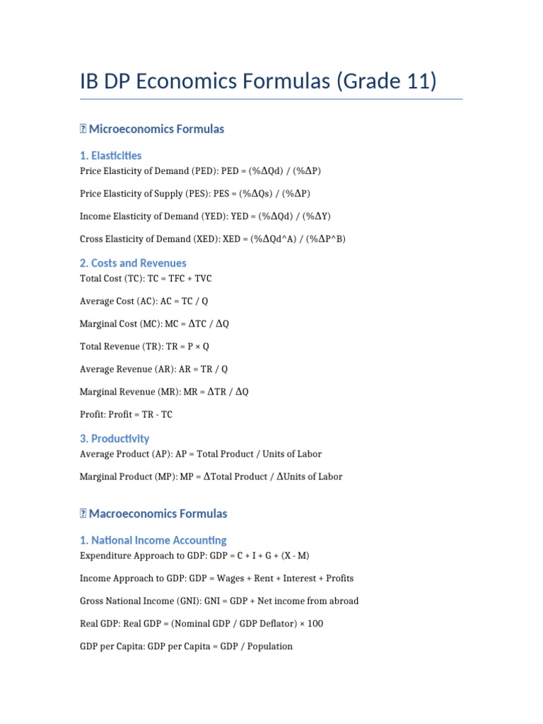 IB DP Economics Formulas Grade11 | PDF