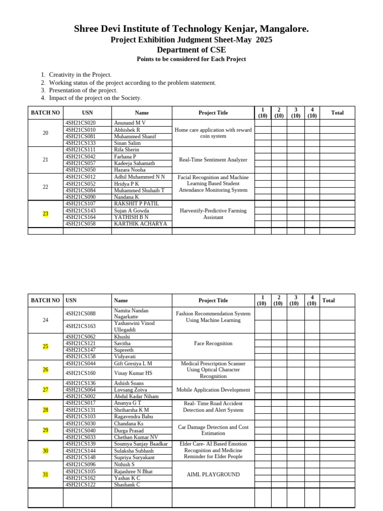 CSE List 2 Project Exhibition Judgement Sheet-2025 | PDF