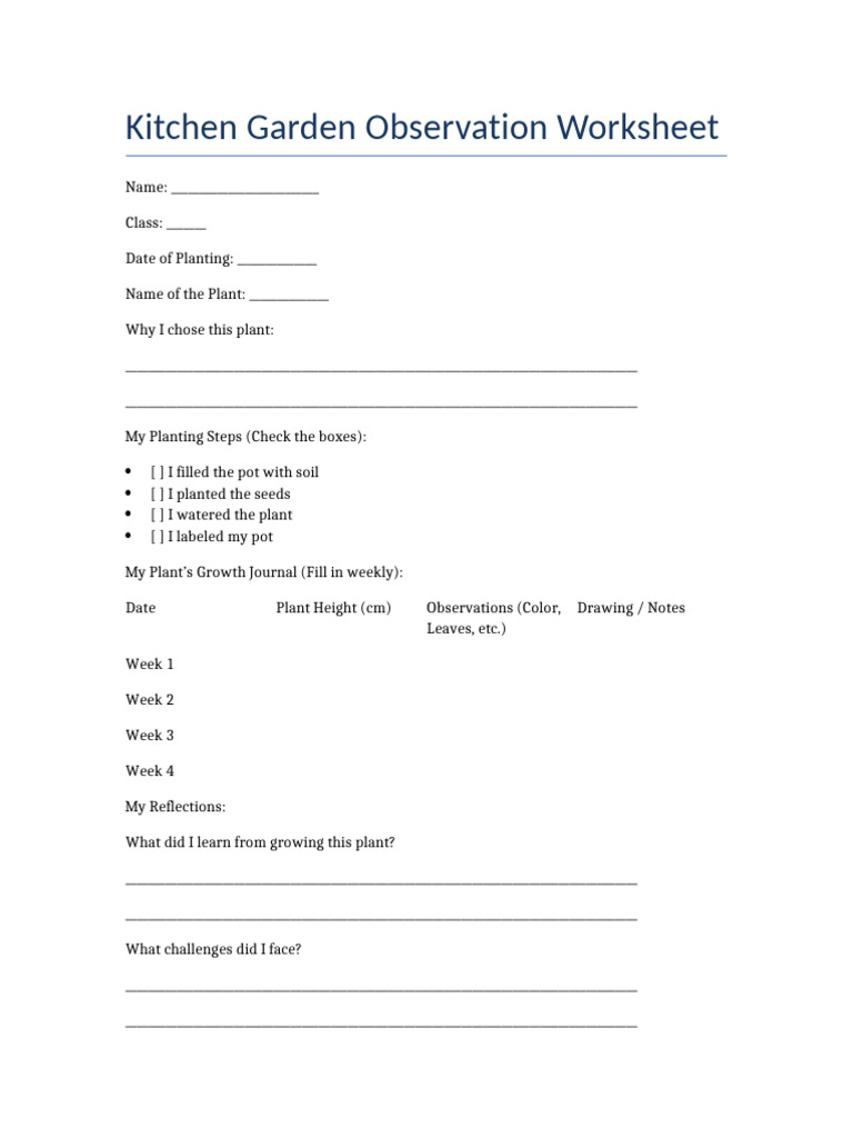 Kitchen Garden Observation Worksheet Class8 | PDF
