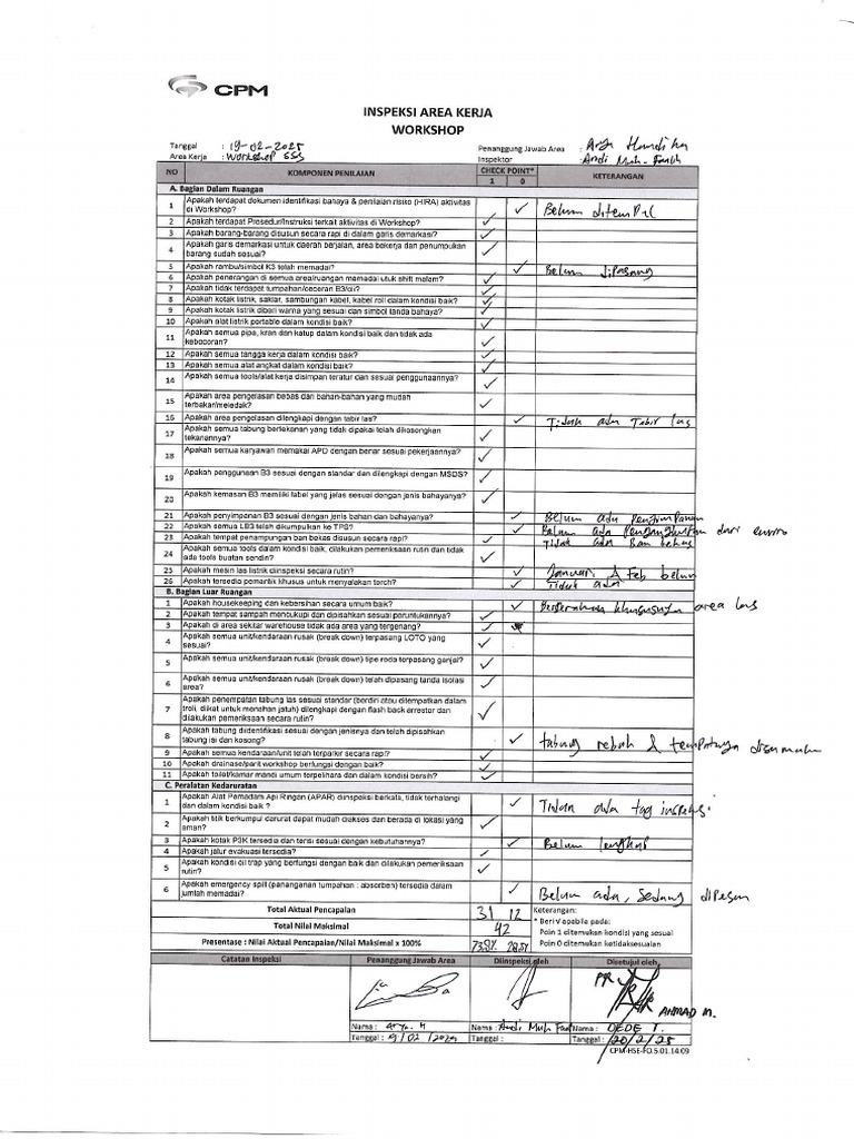 Inspeksi Area Kerja Februari | PDF