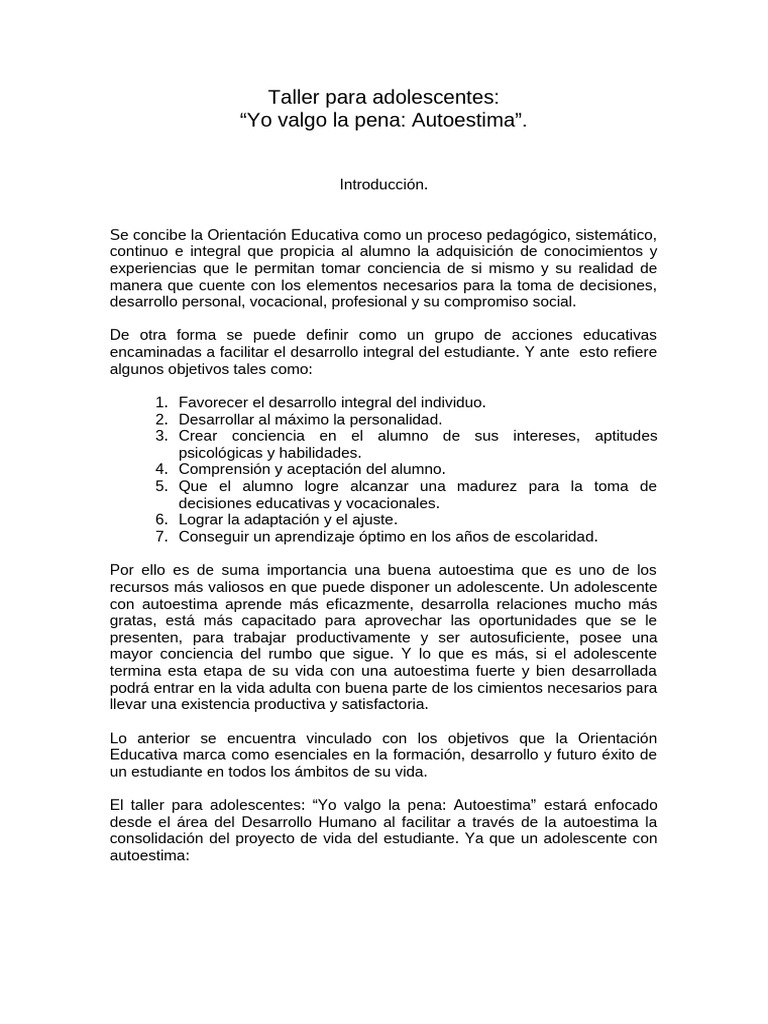 TALLER YO VALGO LA PENA | PDF | Autoestima | Autoeficacia