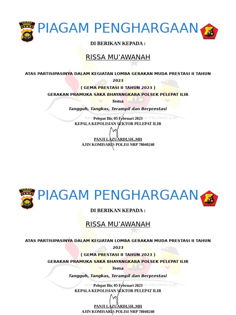 PIAGAM PENGHARGAAN Saka | PDF