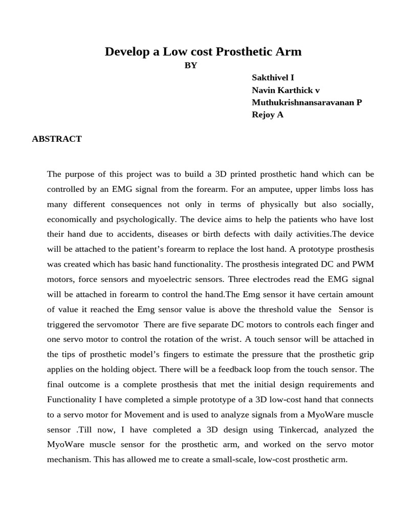 Develop A Low Cost Prosthetic Arm | PDF